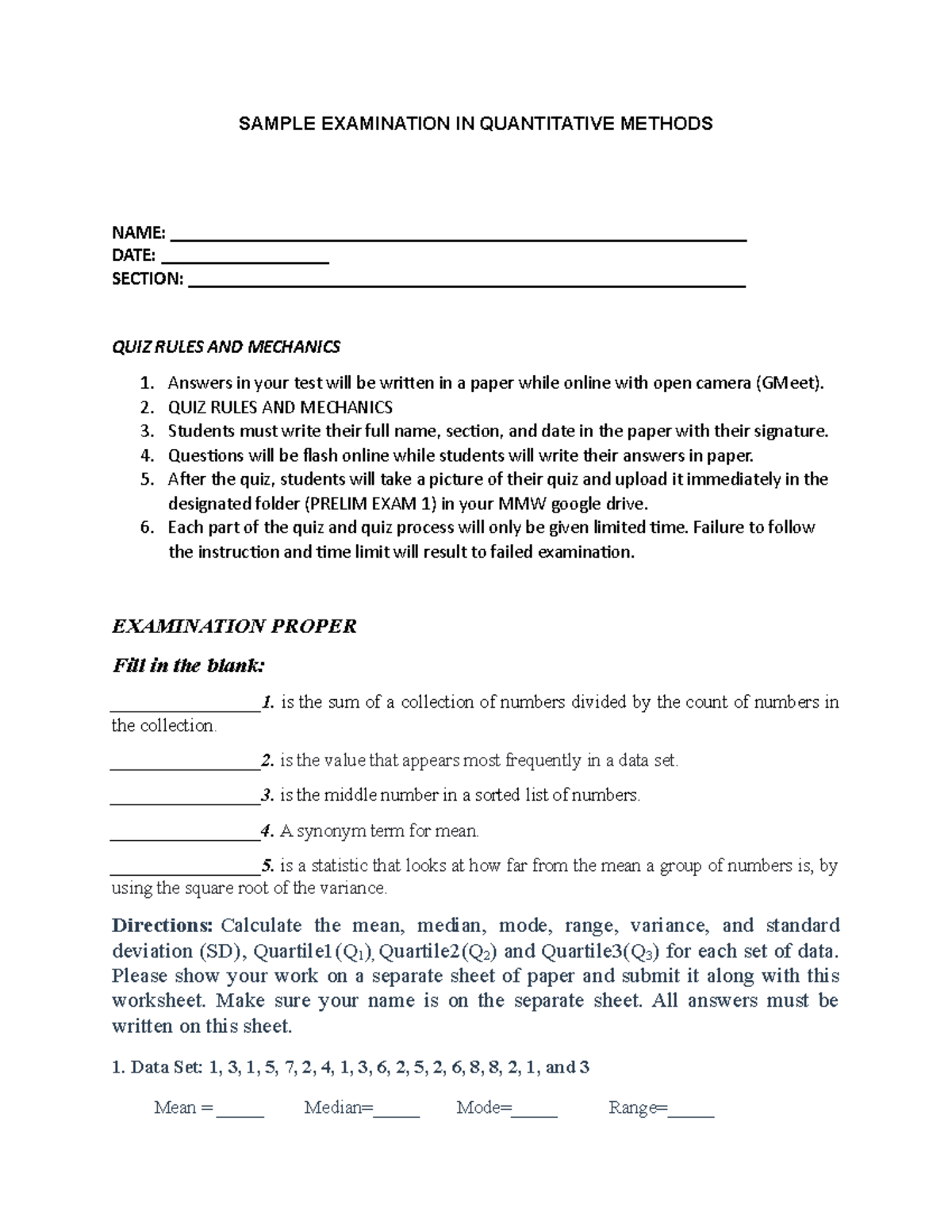 Sample Examination in Quantitative Methods - SAMPLE EXAMINATION IN ...