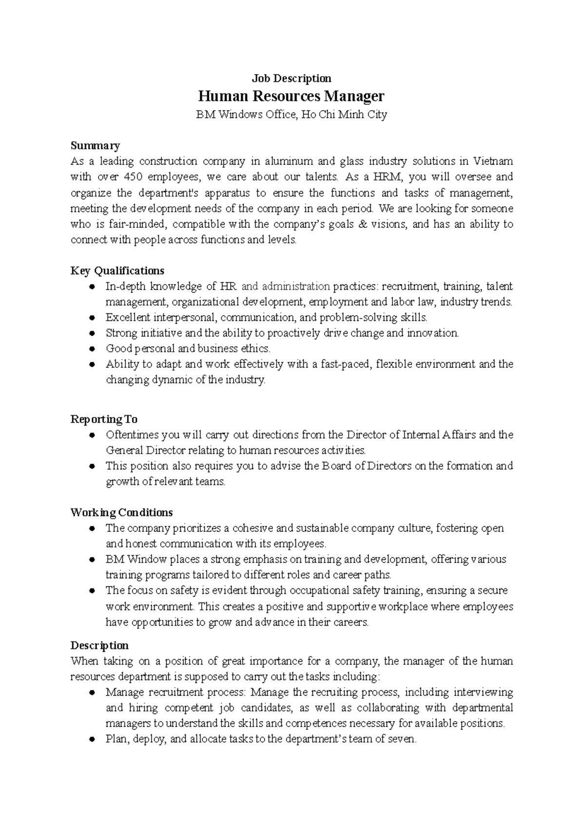 Assignment 1 - Report (Job Description) - Job Description Human ...