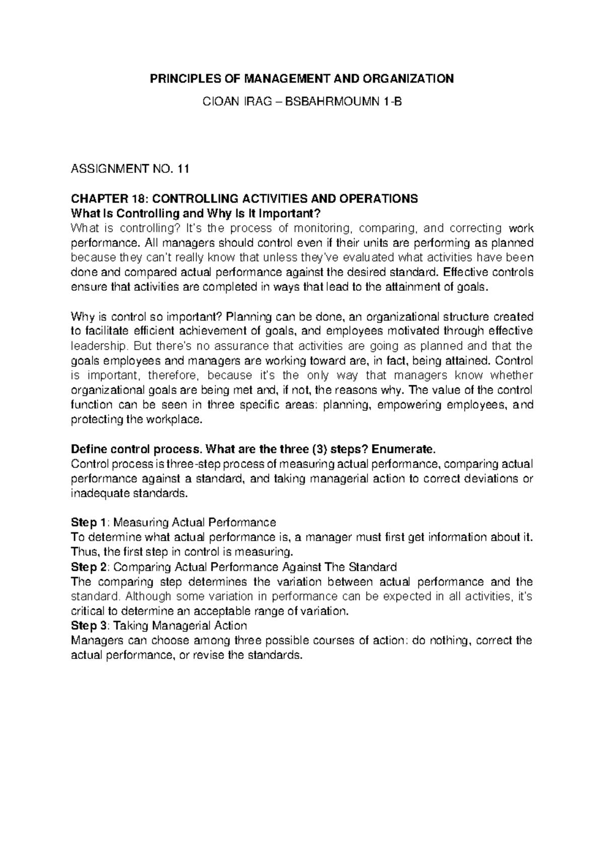 ASSIGNMENT PMO #11 - PRINCIPLES OF MANAGEMENT AND ORGANIZATION CIOAN ...