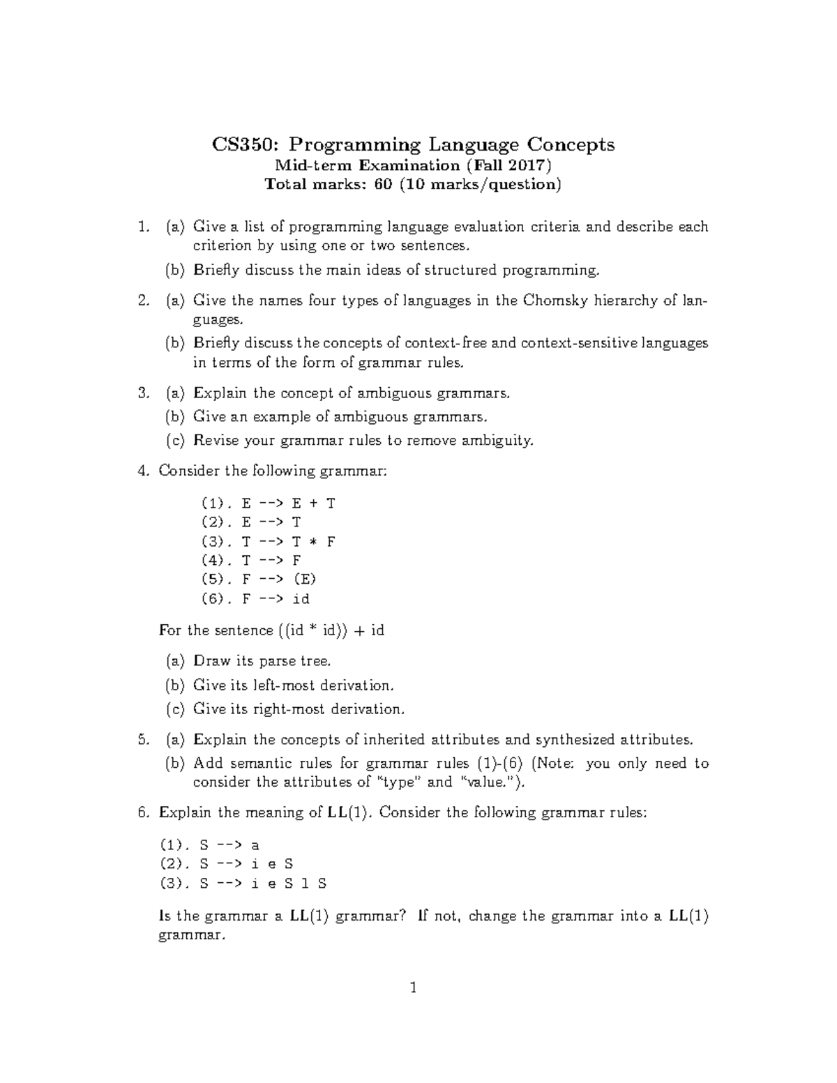 Midterm, questions - CS350: Programming Language Concepts Mid-term Examination (Fall 2017) Total ...