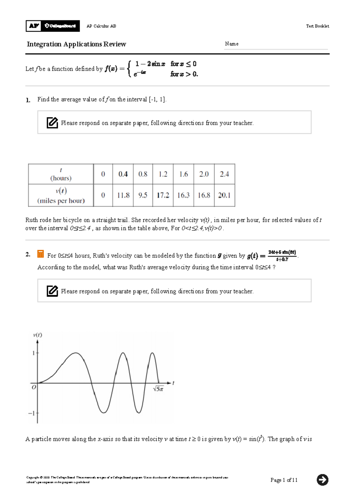 Integral applications review - Integration Applications Review Name ...
