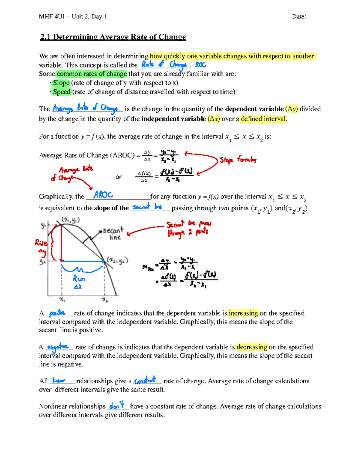 2.1 Average Rate of Change - Studocu