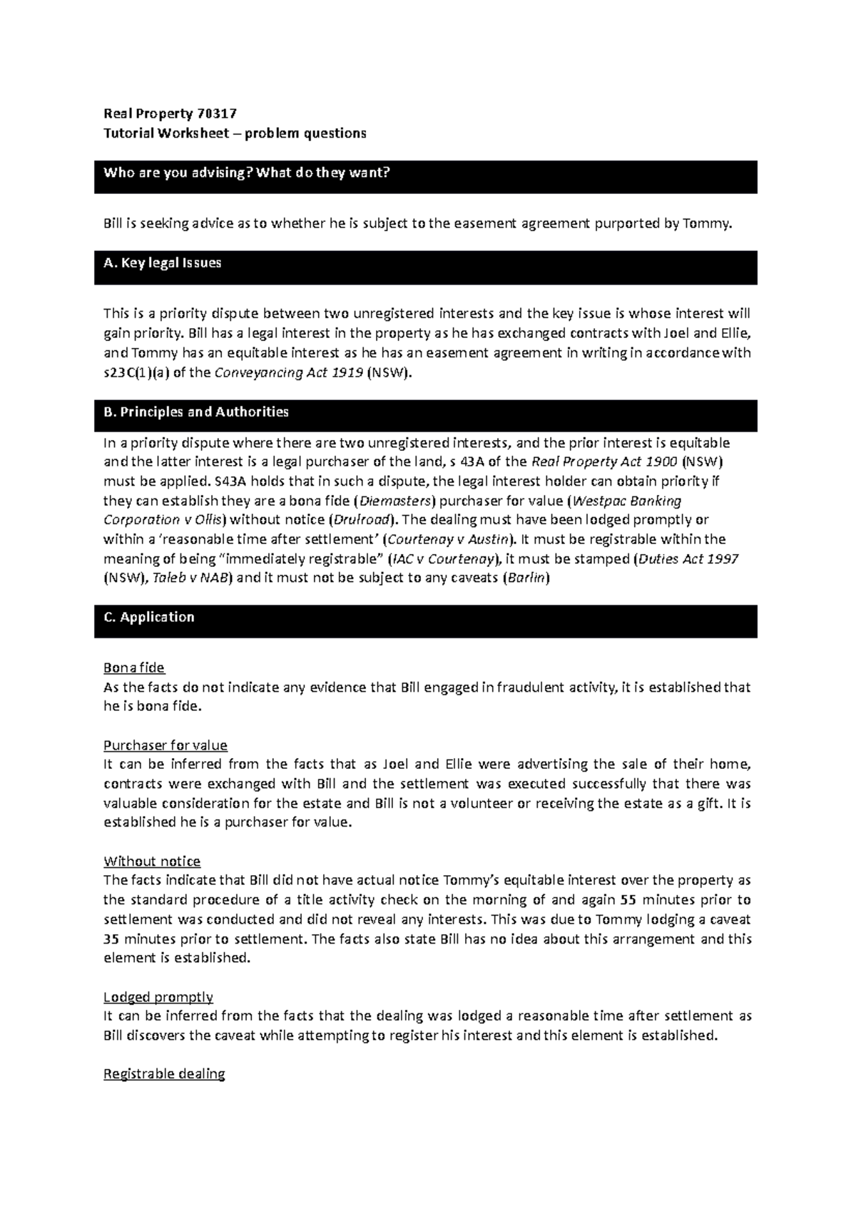 Tutorial 2 Pre-Preparation Worksheet - Real Property 70317 Tutorial ...