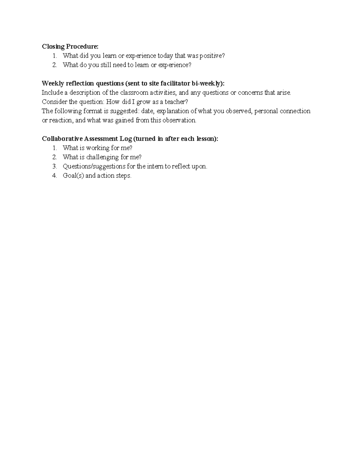 Closing Procedure Reflection questions - Closing Procedure: 1. What did ...