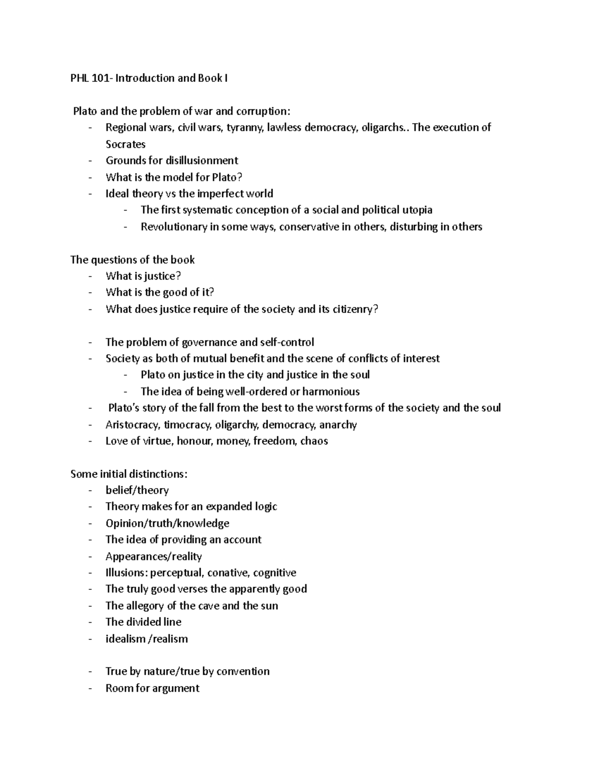 Philosophy Lecture 1 Notes Phl 101 Introduction And Book I Plato