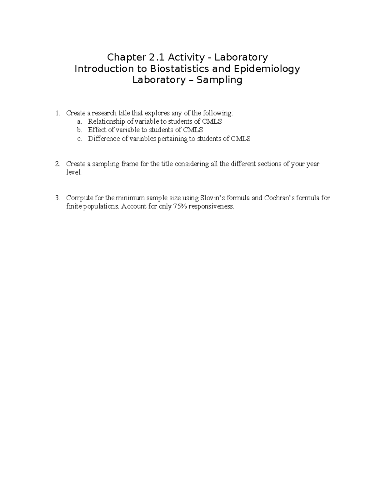 02 Sampling - help mr - Chapter 2 Activity - Laboratory Introduction to Biostatistics and - Studocu