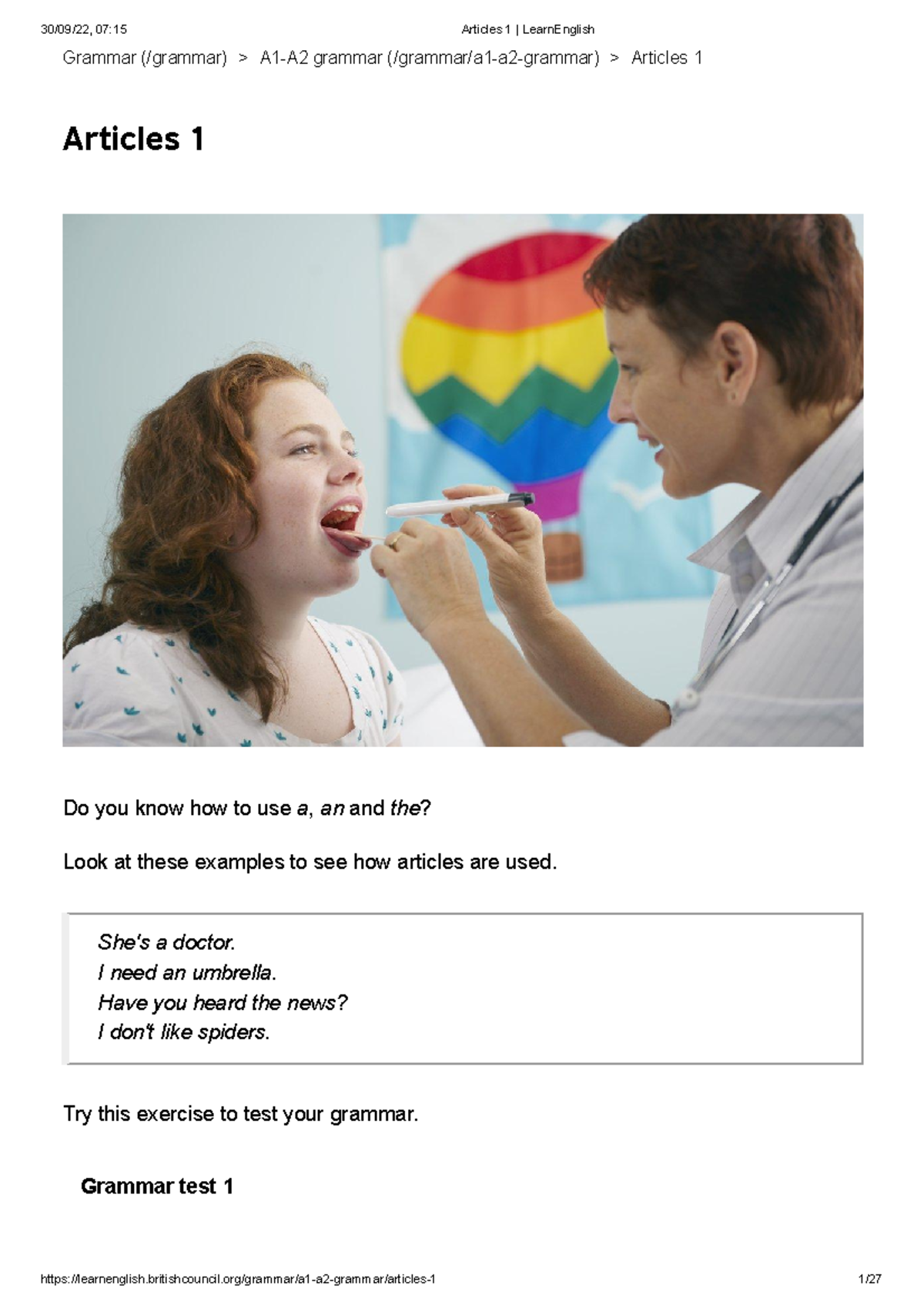 Articles 1 Learn English - Grammar (/grammar) > A1-A2 grammar (/grammar ...