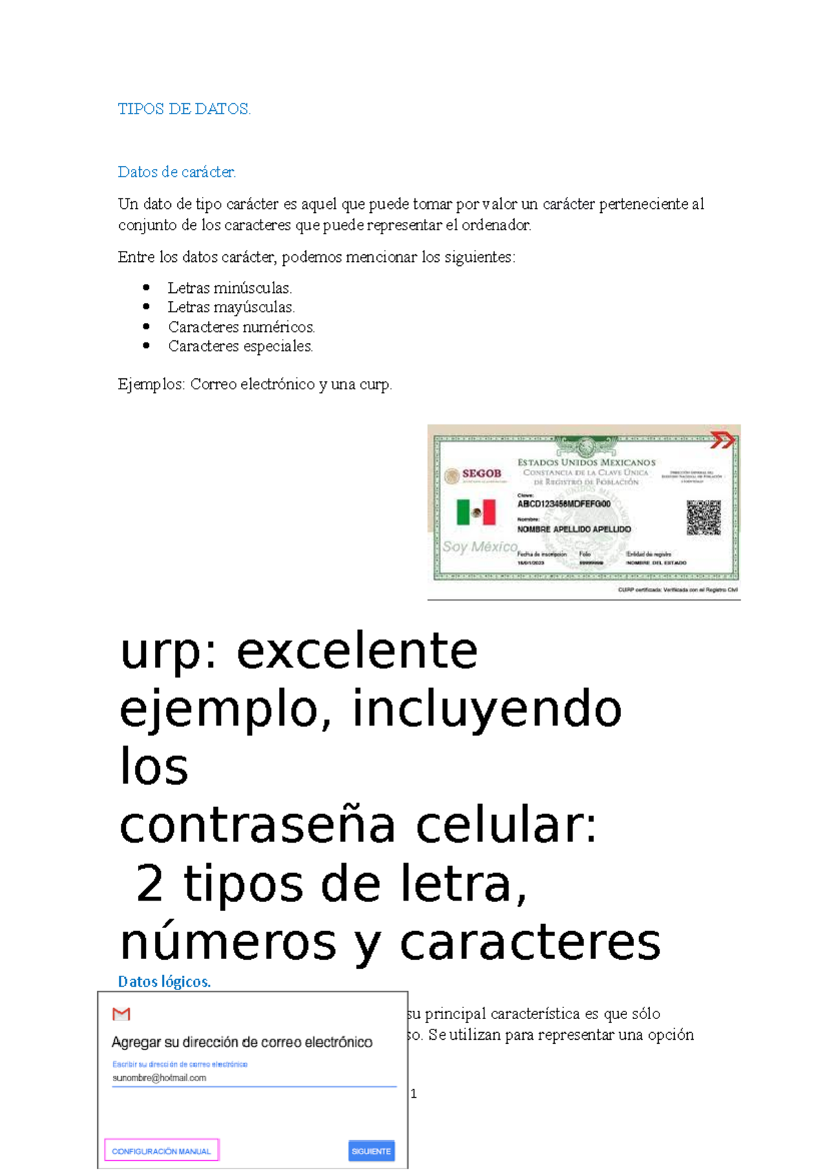 Informatica 1- actividad 2 - TIPOS DE DATOS. Datos de carácter. Un dato ...