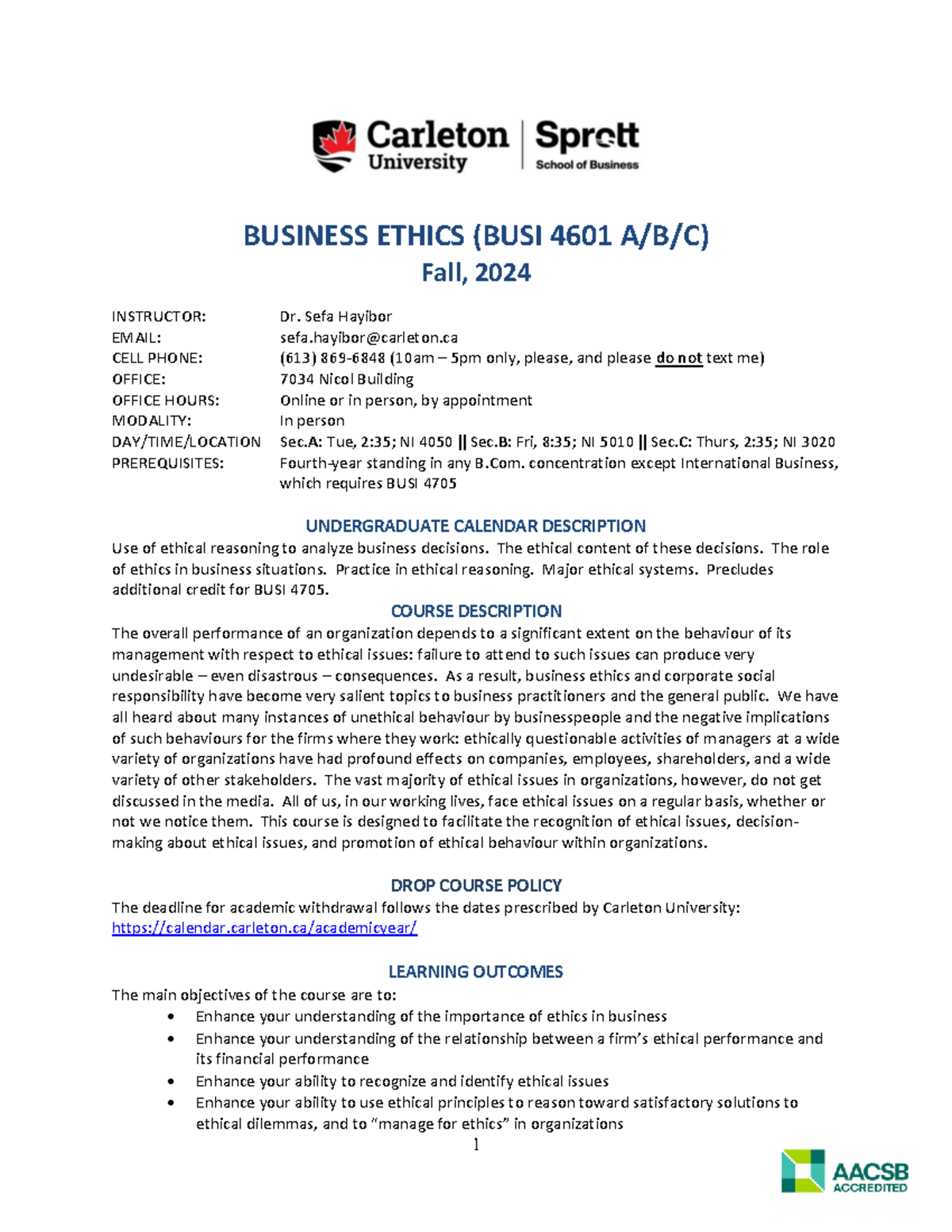 BUSI 4601(A,B,C) - Course Outline and Schedule, Fall 2024 - BUSINESS ...