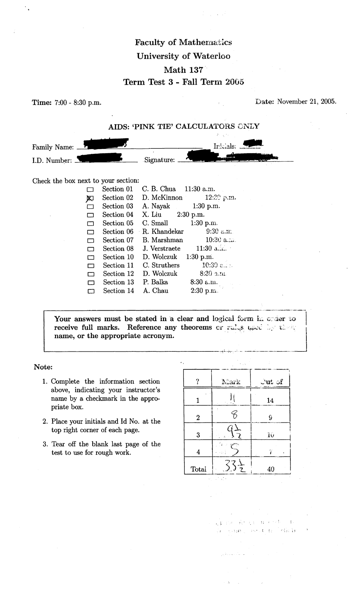 Exam 21 November 2005, questions - Faculty of Mathematics University of ...