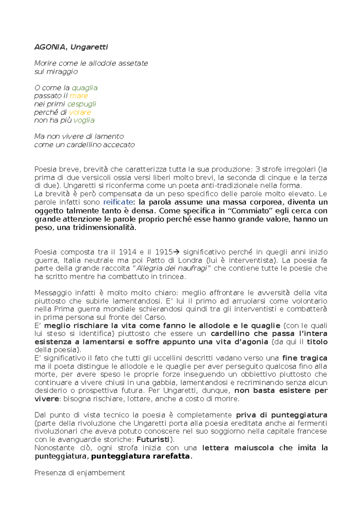 Agonia, Ungaretti - Appunti - AGONIA, Ungaretti Morire come le allodole ...