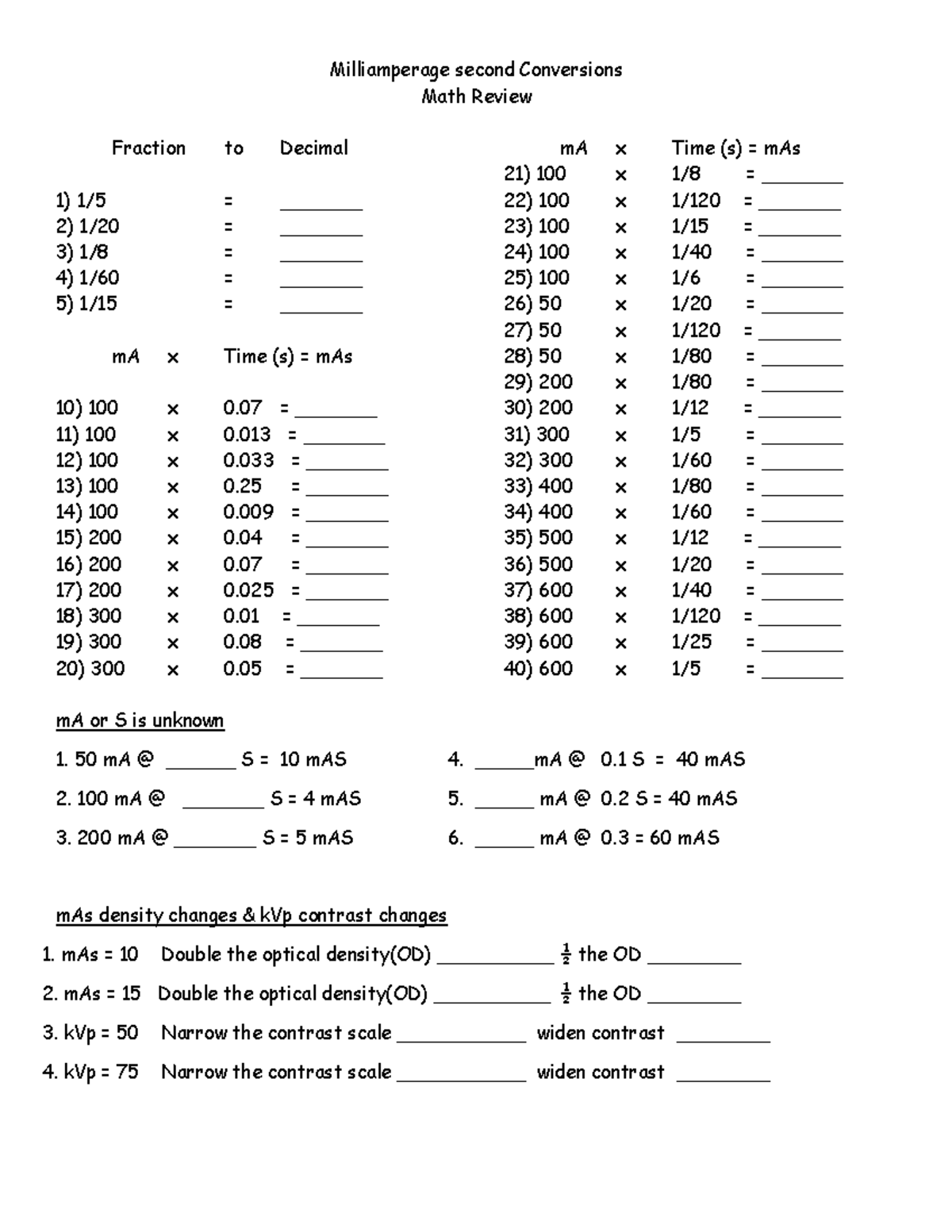 First math tech worksheet - Milliamperage second Conversions Math ...