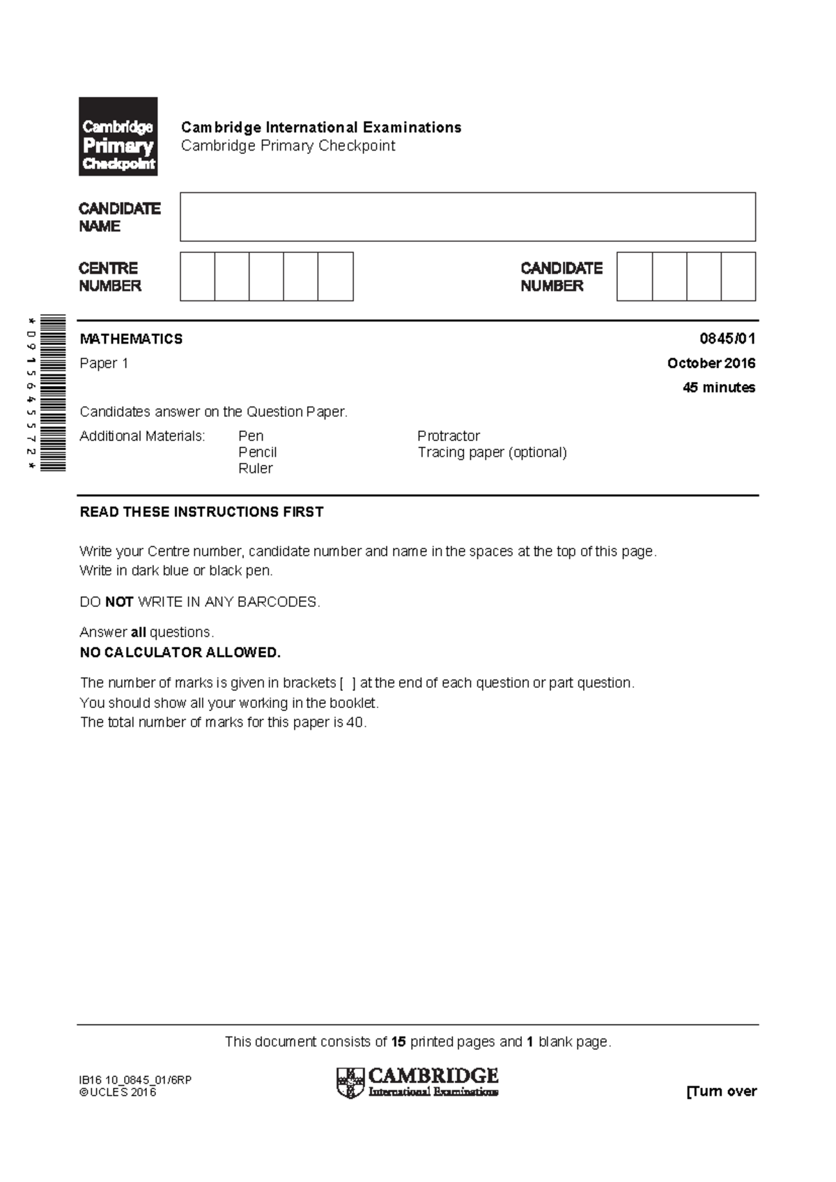 Primary Checkpoint-Maths-mock test-2-2016 - This document consists of ...