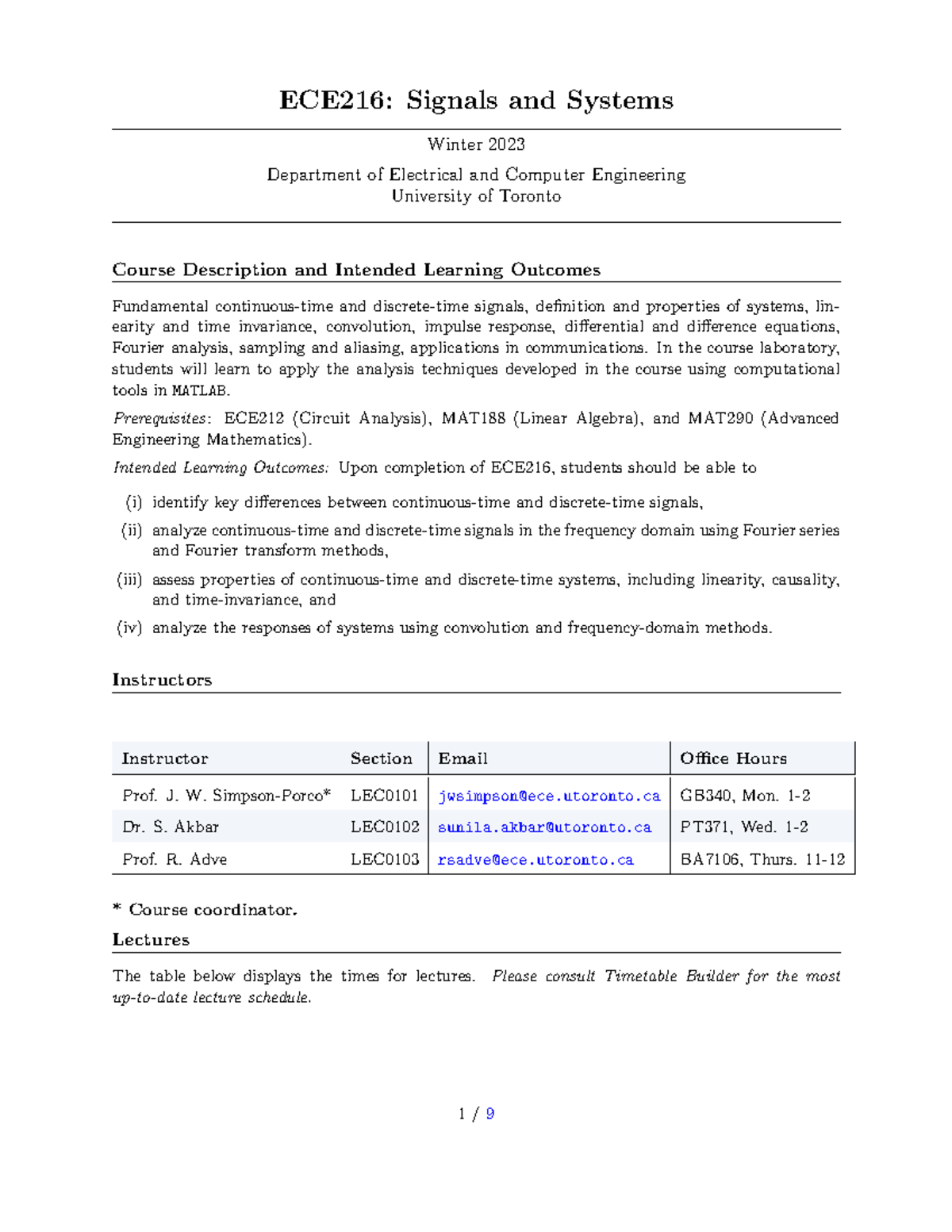 Syllabus - ECE216S - U of T - Studocu