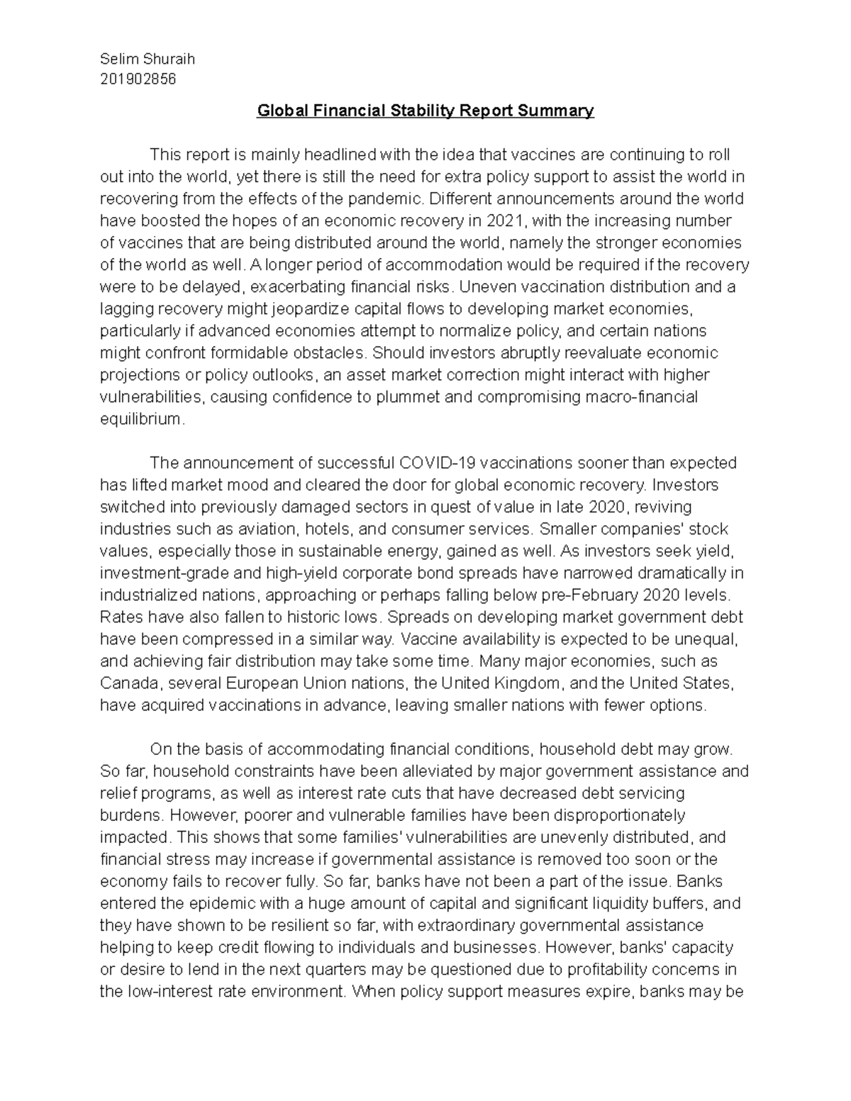 Global Financial Stability Report Summary - Selim Shuraih 201902856 ...