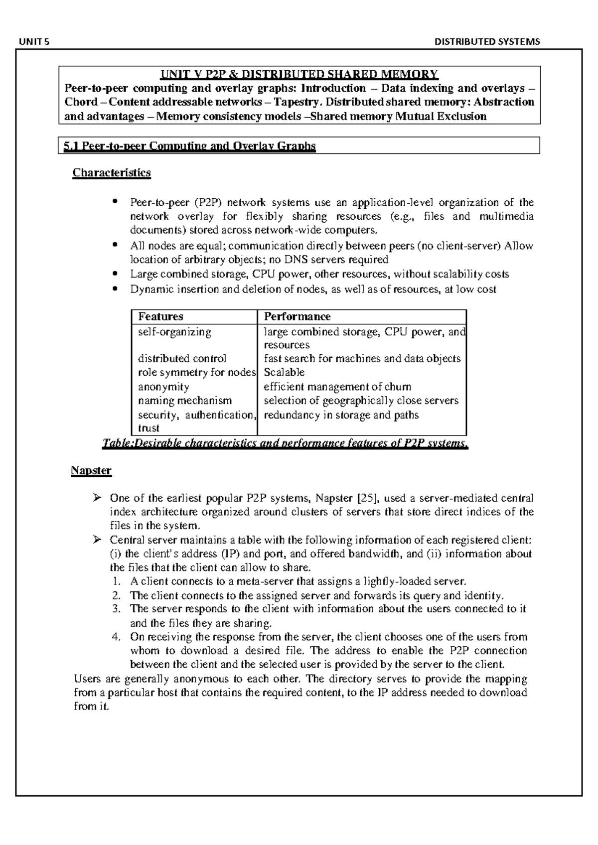 Distributed Systems R19 - UNIT-5 - 5 Peer-to-peer Computing and Overlay Graphs Characteristics x ...