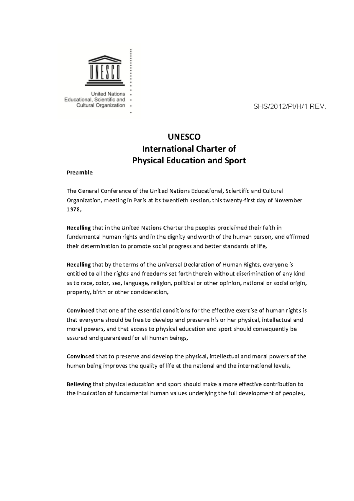 Unesco charter of pe and sports of 1978 - UNESCO International Charter ...