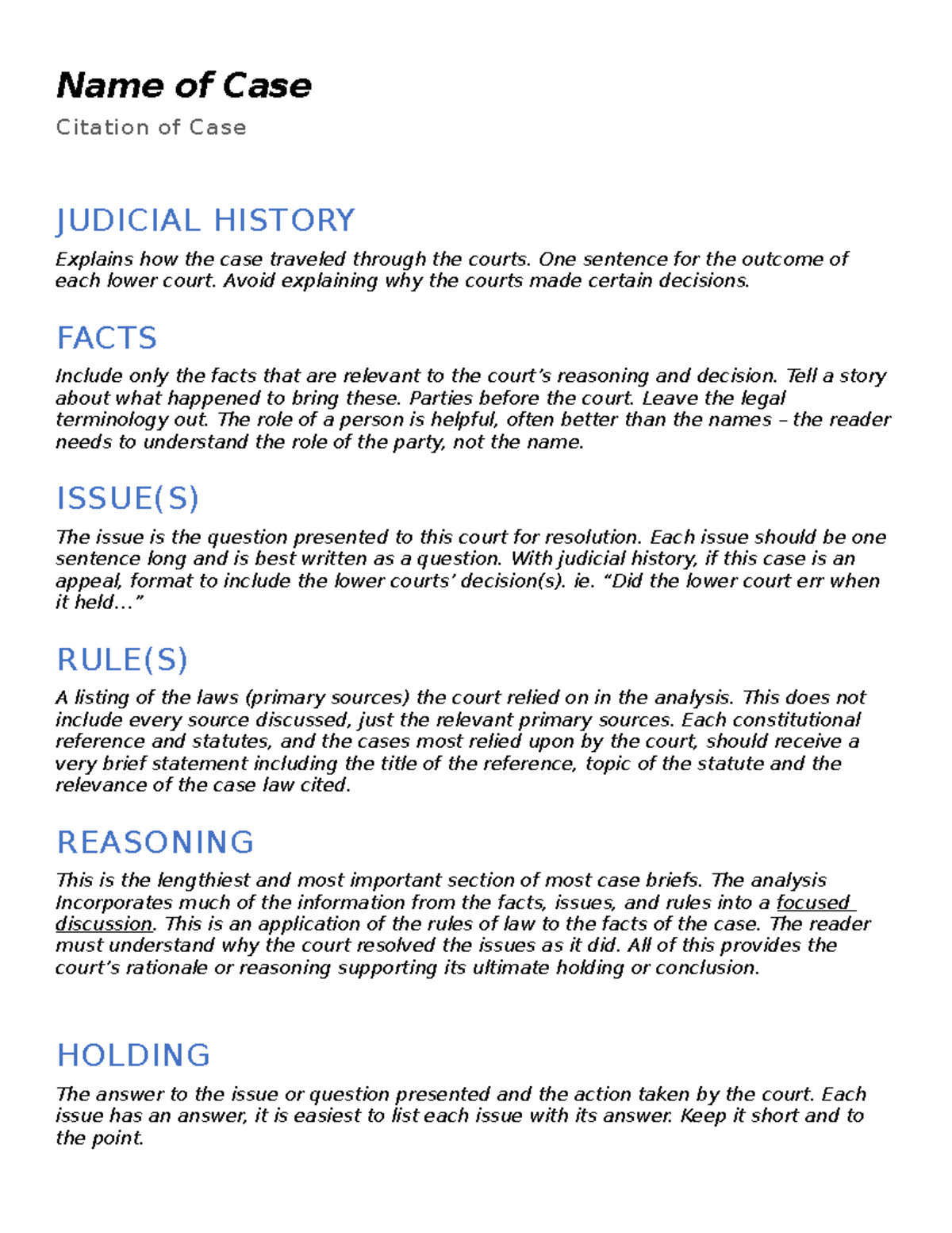 Case Brief Template - Name of Case Citation of Case JUDICIAL HISTORY ...