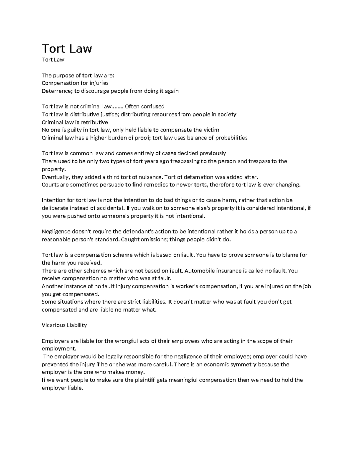 Tort Law Overview and Key Principles - Tort Law Tort Law The purpose of ...