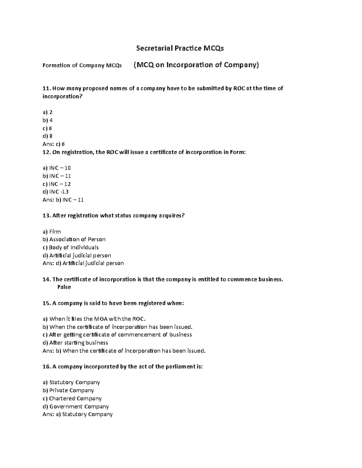 Sp2 - Secretarial Practice - Secretarial Practice MCQs Formation of ...