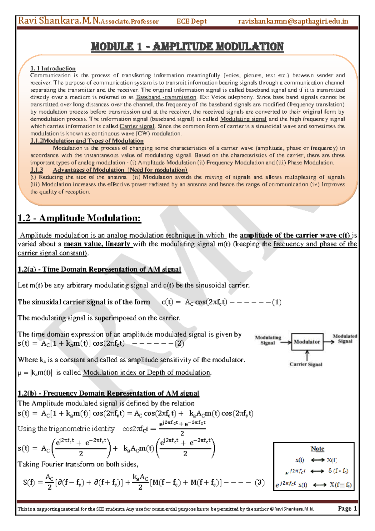 POCS Module 1 2022 - MODULE 1 - AMPLITUDE MODULATION 1 - Amplitude ...