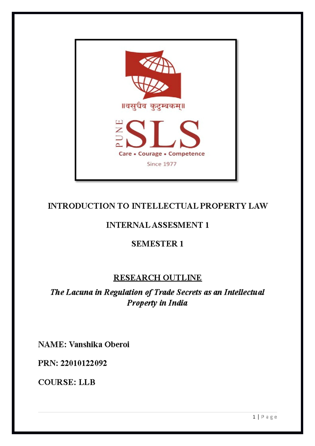 IPR Assignment - research outline - INTRODUCTION TO INTELLECTUAL PROPERTY LAW INTERNAL ASSESMENT ...
