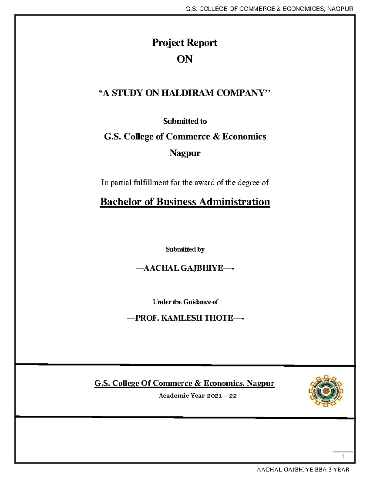 Haldiram study - jhvg - 1 Project Report ON “A STUDY ON HALDIRAM ...