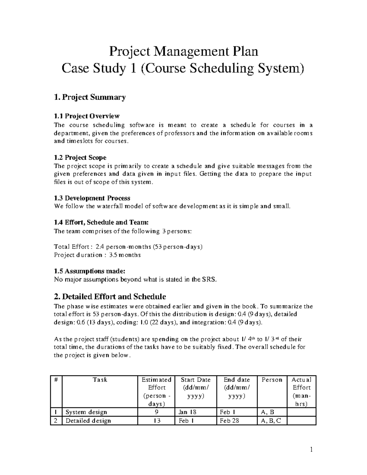 Lecture 3 - Project plan ex - 1 Project Management Plan Case Study 1 ...