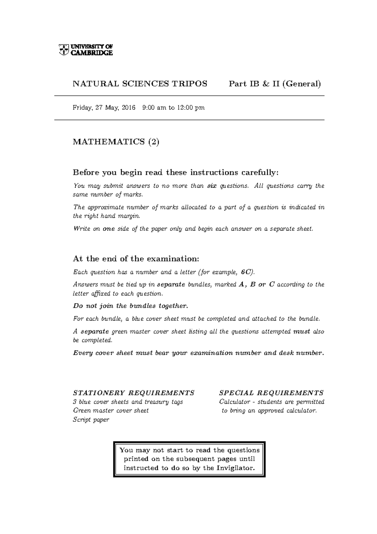Exam 2016, questions - Exam 2 - NATURAL SCIENCES TRIPOS Part IB & II ...