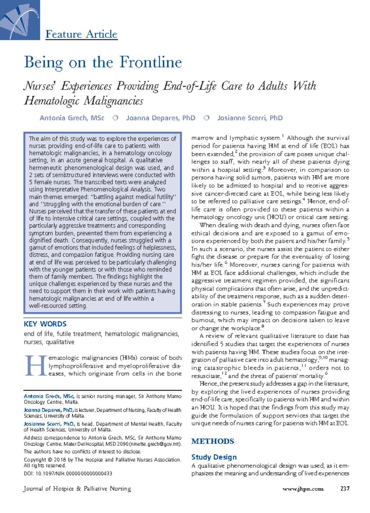 Being on the Frontline Nurses' Experiences Providing End-of-Life Care ...