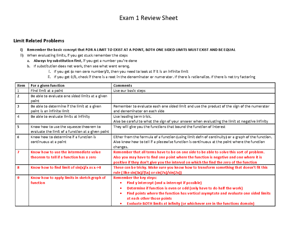 Exam 1 Review Sheet - Notes - Exam 1 Review Sheet Limit Related ...