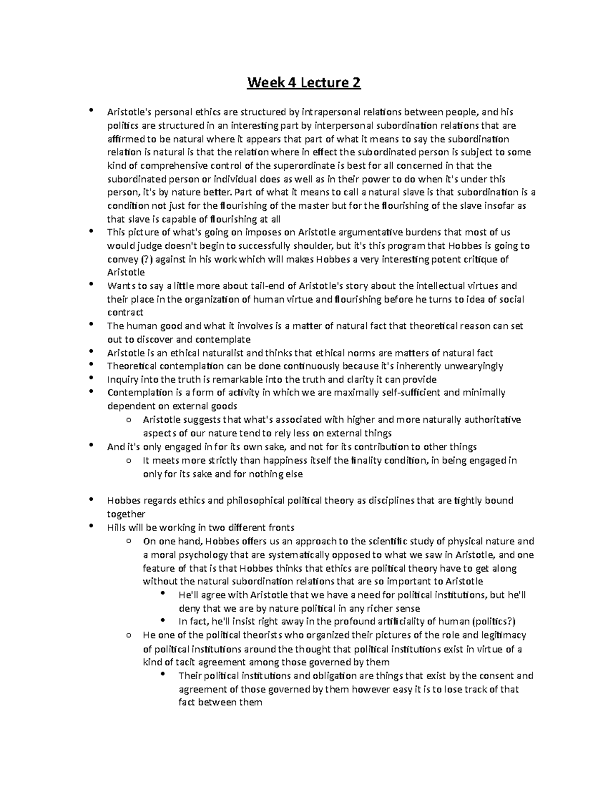 Week 4 Lecture 2 - Aristotle vs. Hobbes' and how Professor Hills will analyze Hobbes - Week 4 ...