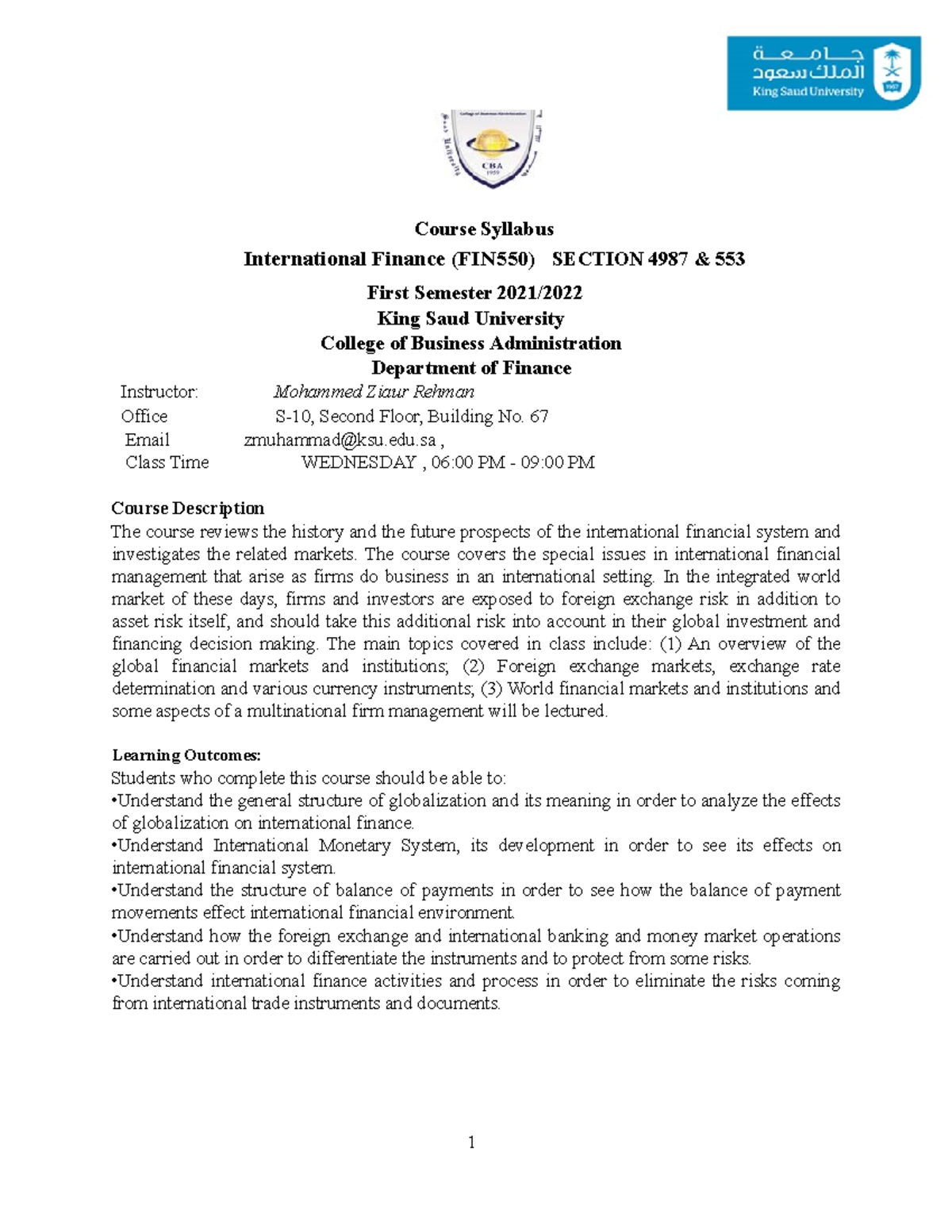 Syllabus FIN 550 21 -22 1 - Course Syllabus International Finance ...
