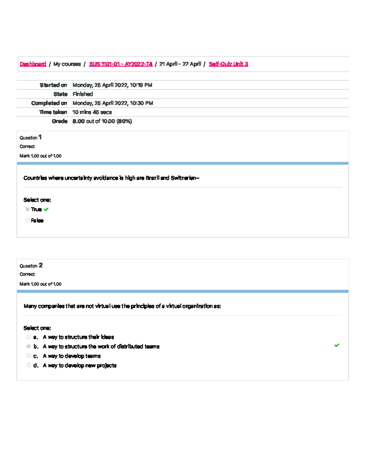 Unit 3 self quiz bus 1101 - Started on Monday, 25 April 2022, 10 19 PM ...