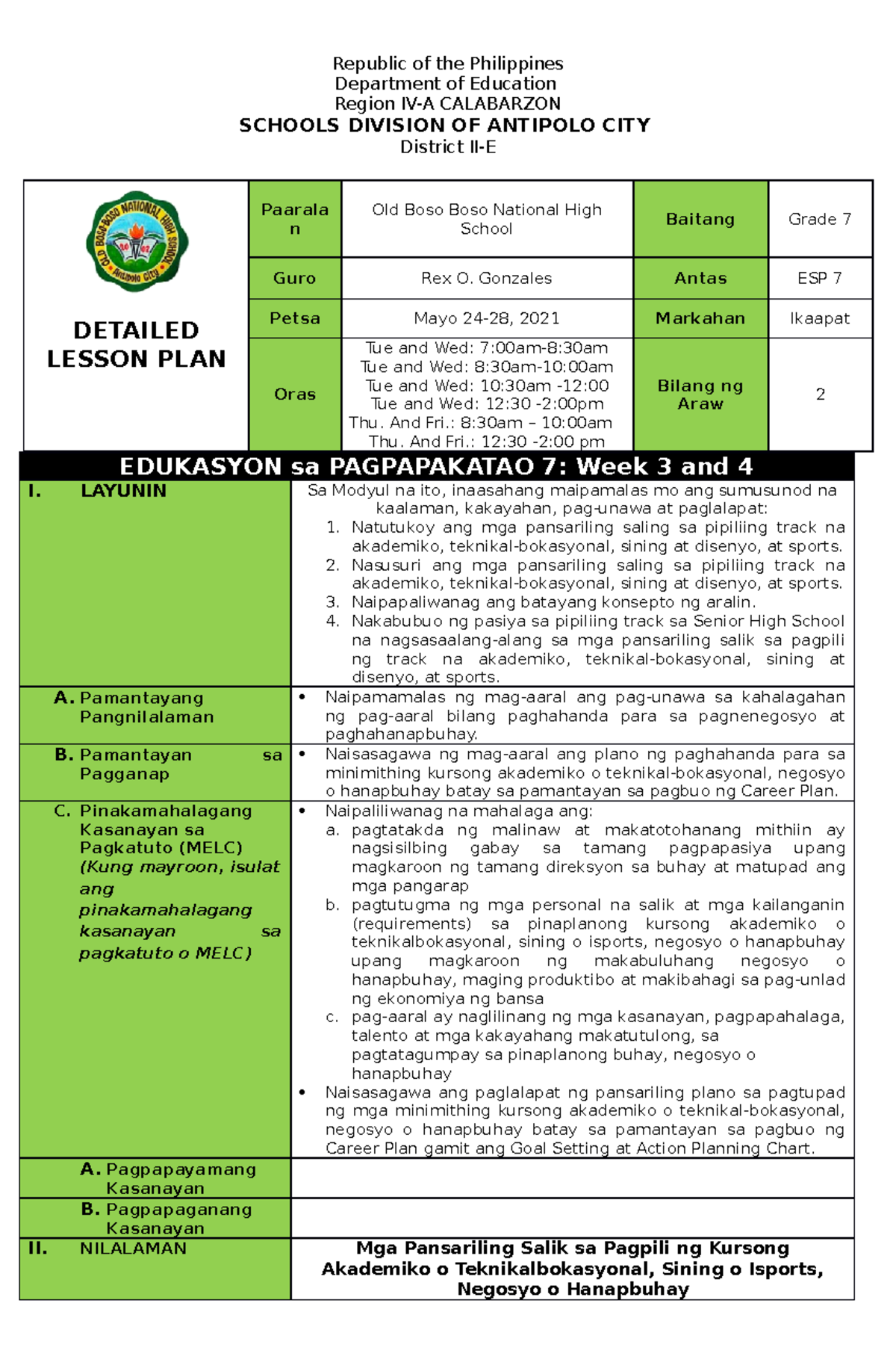 DLP COT 3 - This contains a lesson plan of Edukasyon sa Pagpapakataon 7 ...