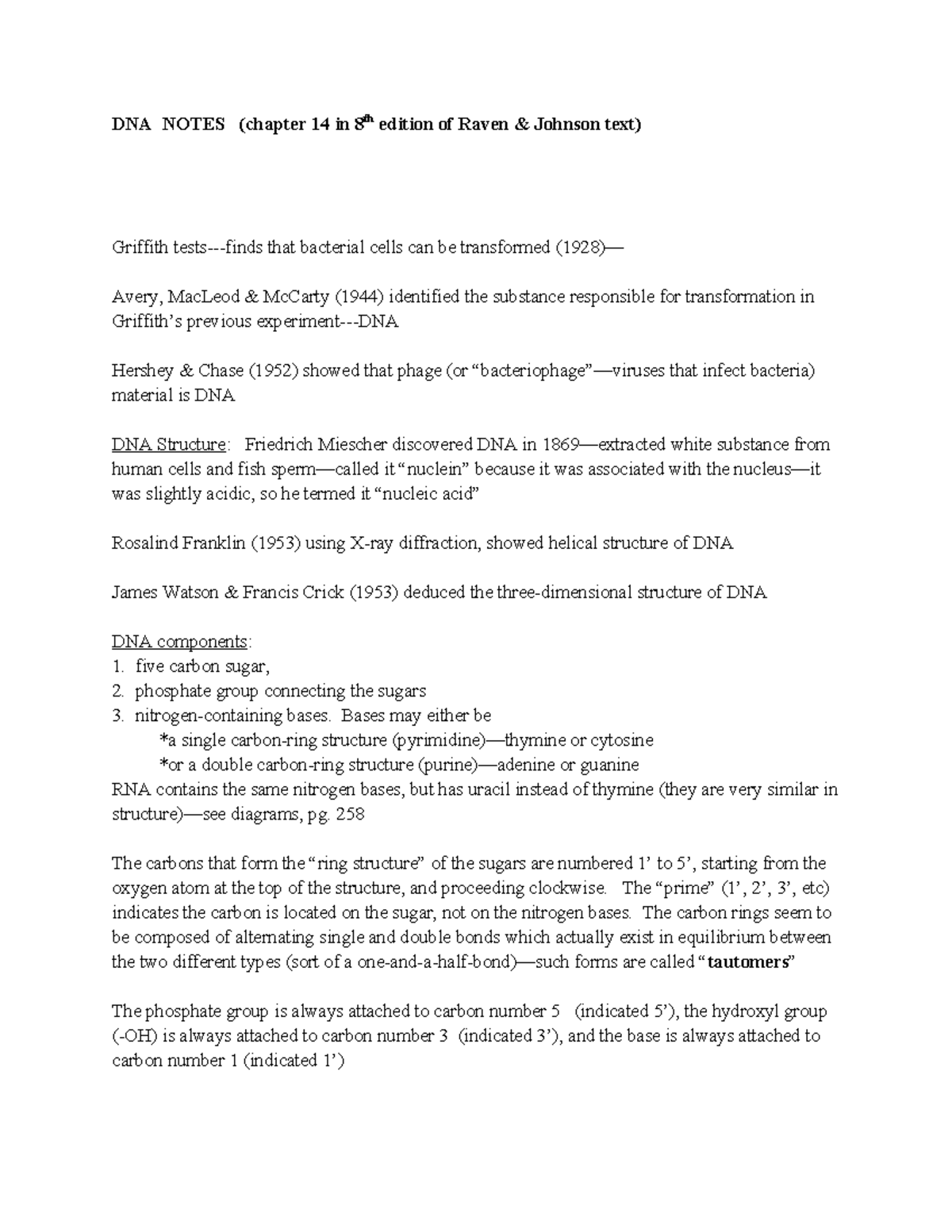 DNA Notes - DNA NOTES (chapter 14 in 8th edition of Raven & Johnson ...