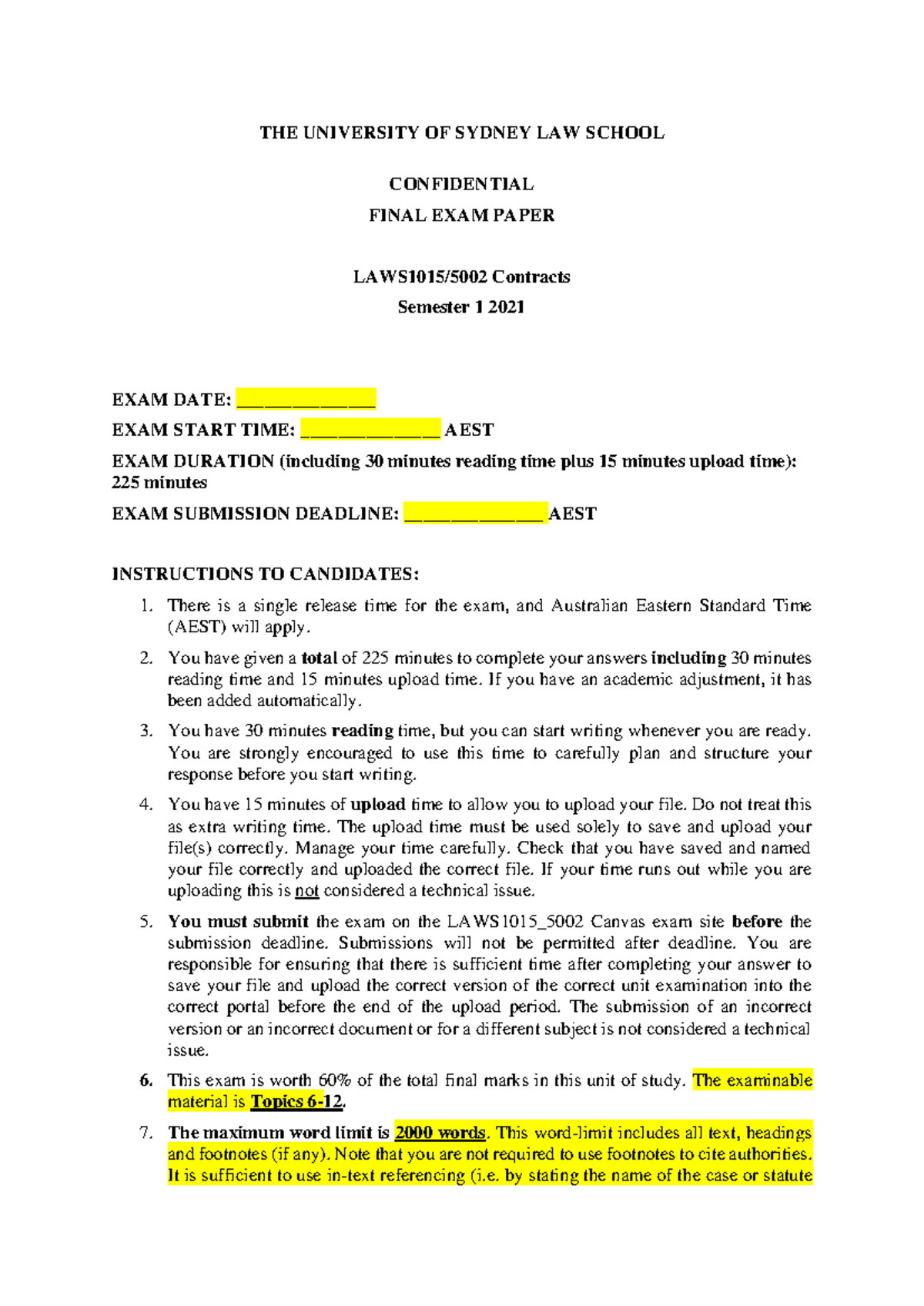 Contracts EXAM Paper 2021 - THE UNIVERSITY OF SYDNEY LAW SCHOOL ...