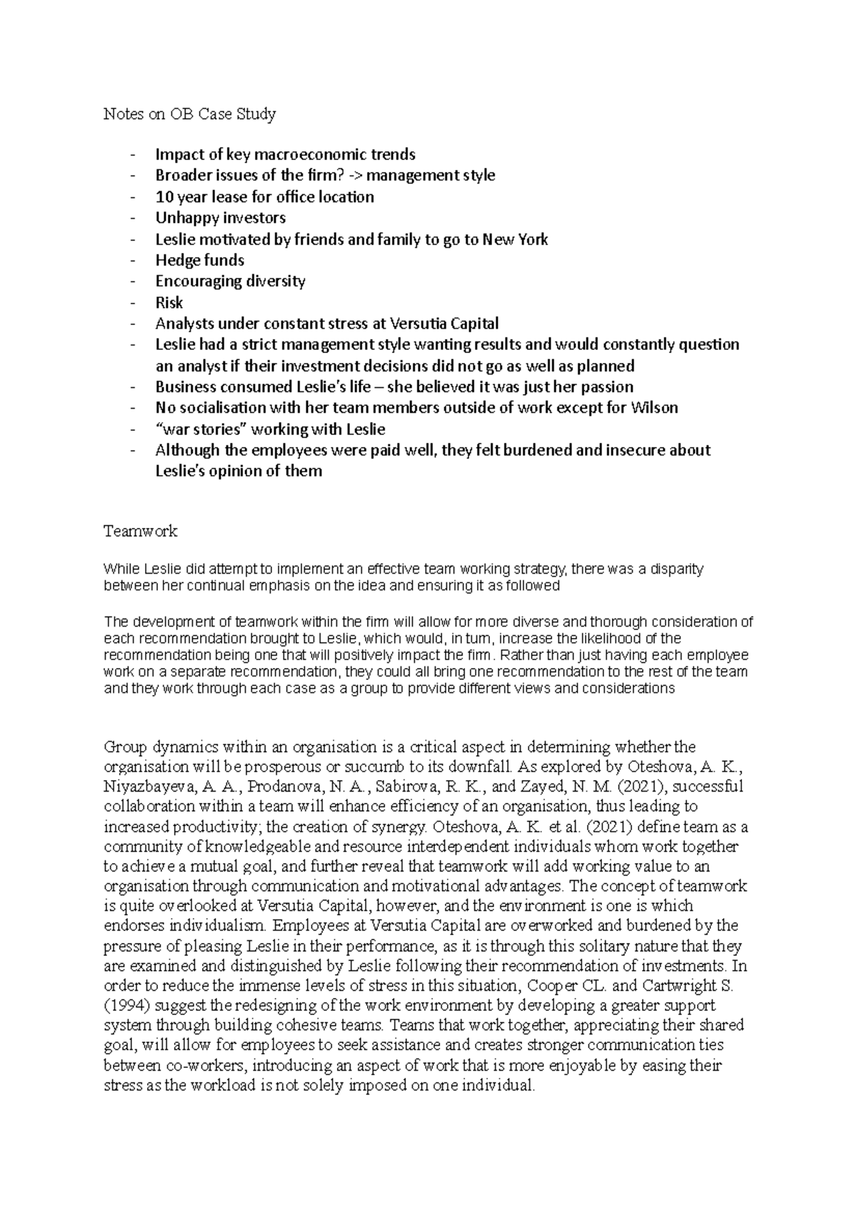 Notes on OB Case Study - Notes on OB Case Study Impact of key ...