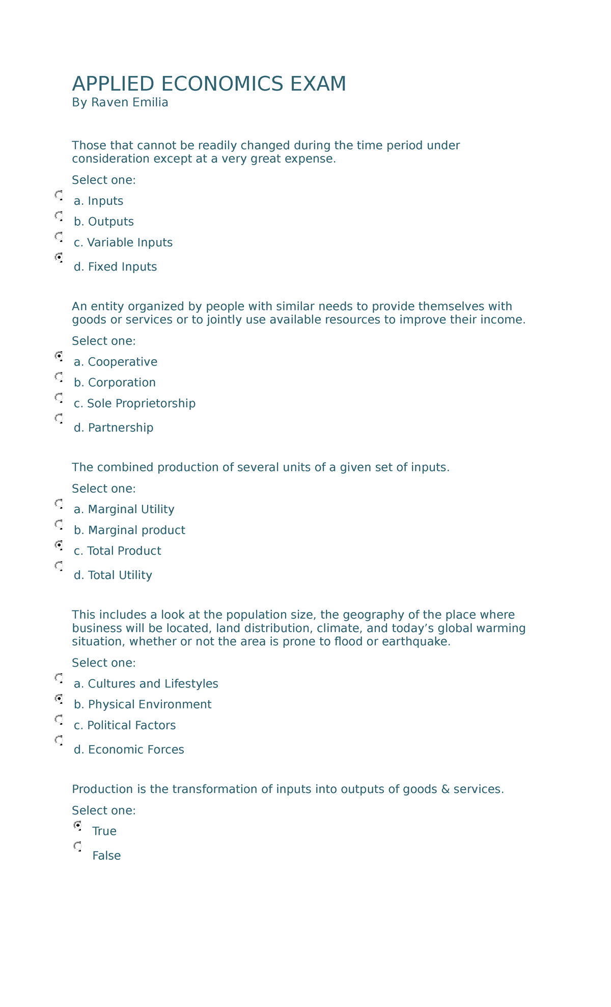 Applied Economics EXAM Answer Key Not All Answer Just Some APPLIED