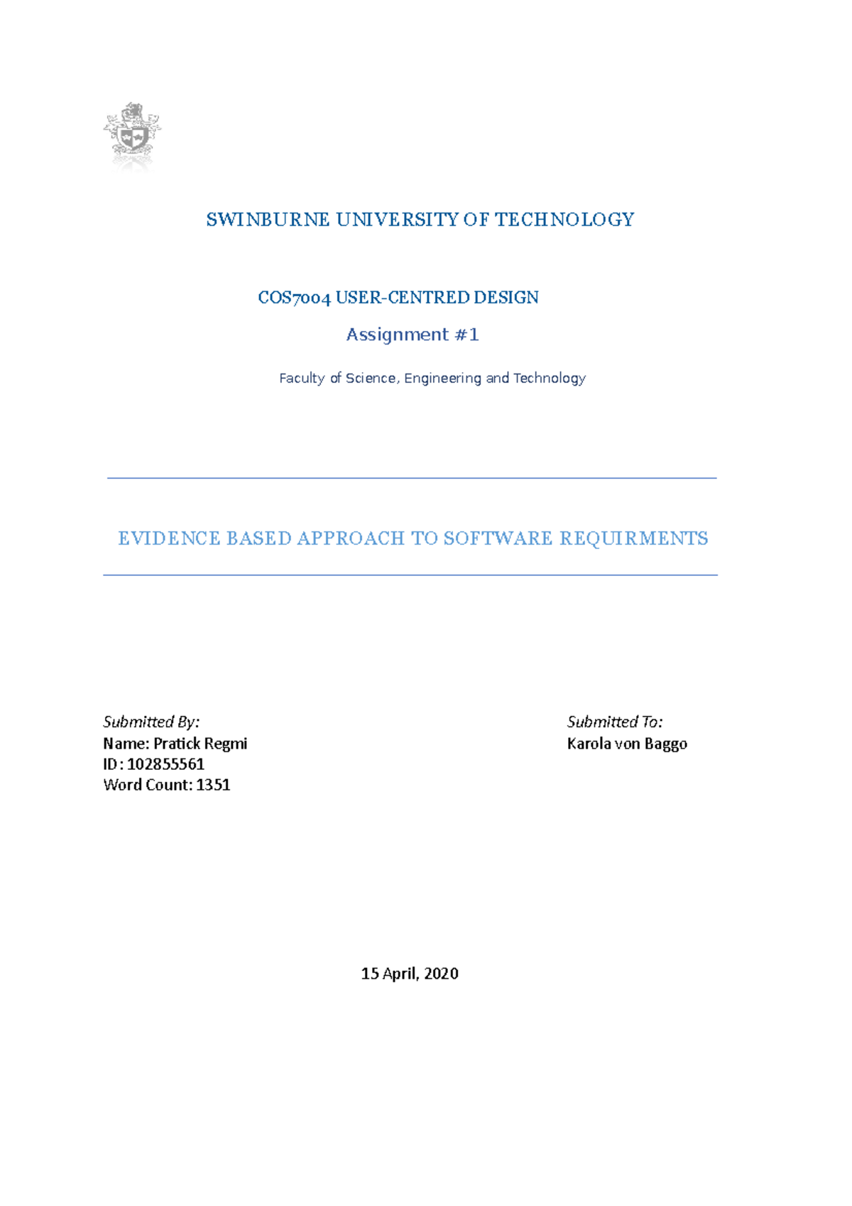 UCD Assignment S1 - UCD assgm 1 - SWINBURNE UNIVERSITY OF TECHNOLOGY ...