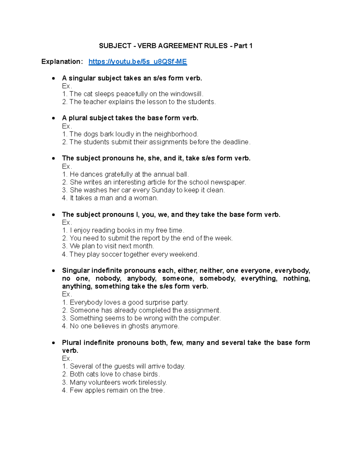 Subject-VERB Agreement Rules PART 1 - SUBJECT - VERB AGREEMENT RULES ...