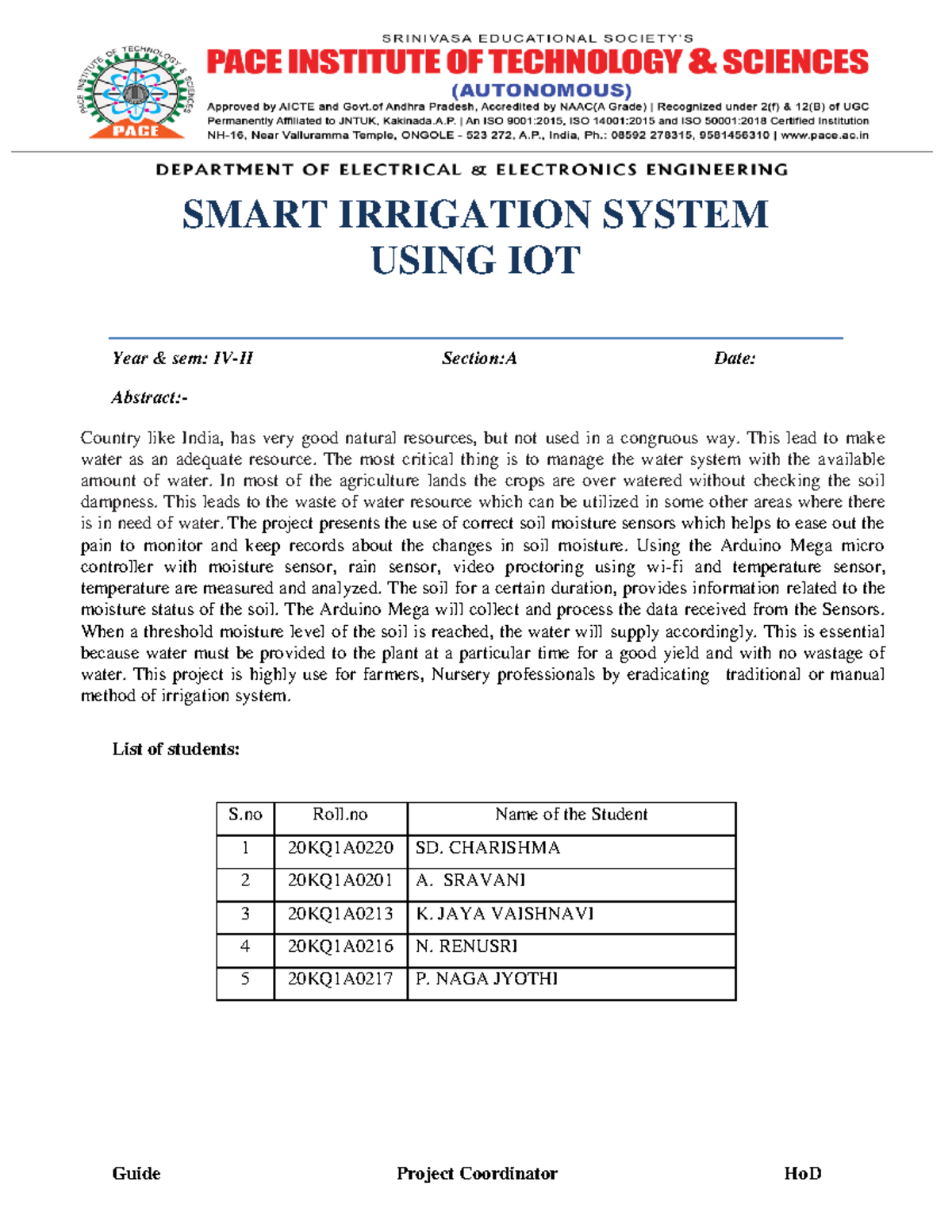 Batch-3 Abstract - SMART IRRIGATION SYSTEM USING IOT Year & sem: IV-II ...
