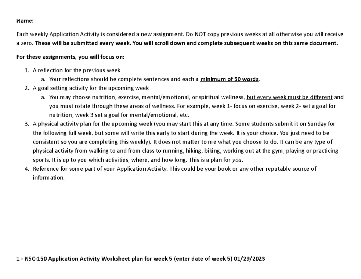 Application Activity Worksheets 1-6 2023 - Name: Each weekly ...