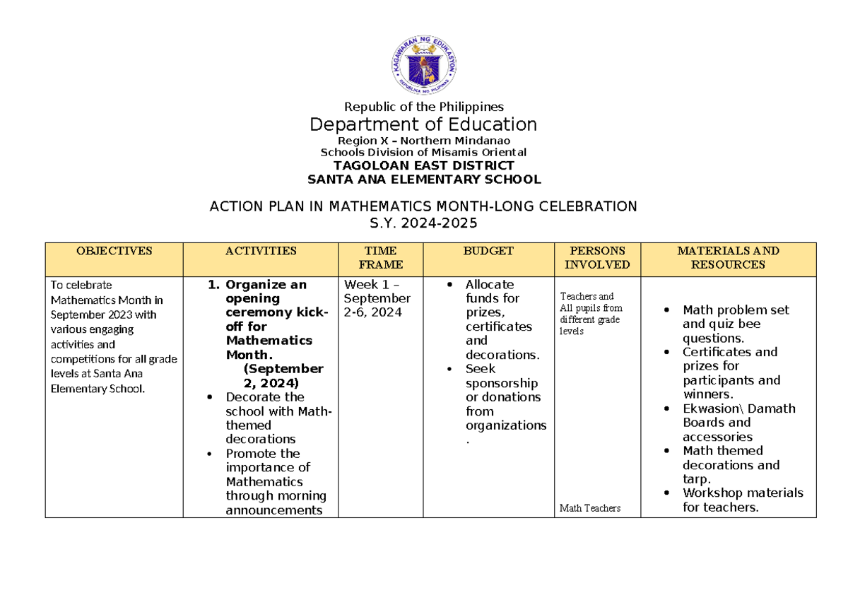 Action plan math 2024 - lesson plan - Republic of the Philippines ...