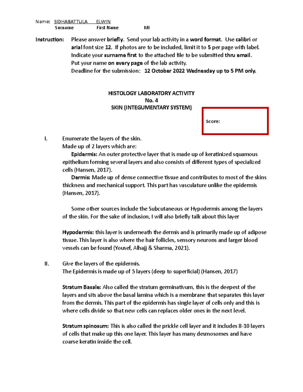 Skin - Lab activity - Skin Histology questions and answers - Surname ...