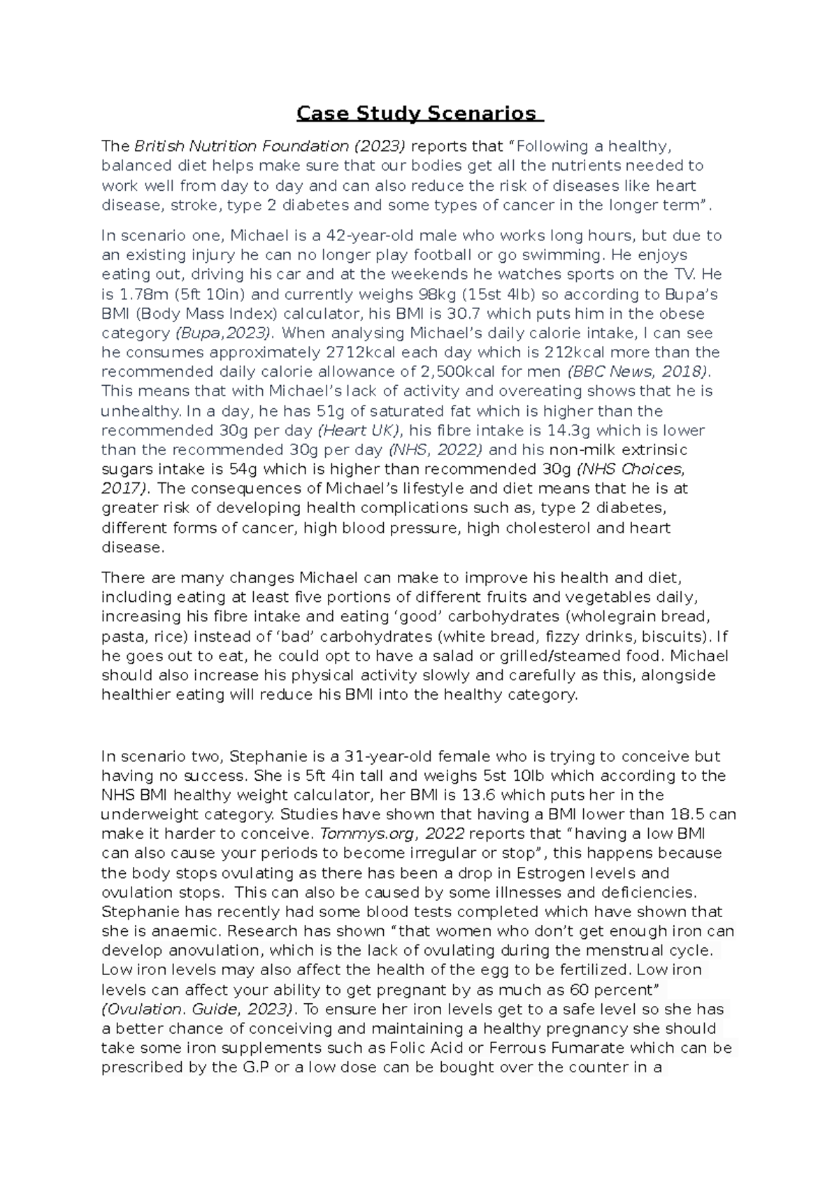 Unit 9 Essay - Distinction - Case Study Scenarios The British Nutrition ...