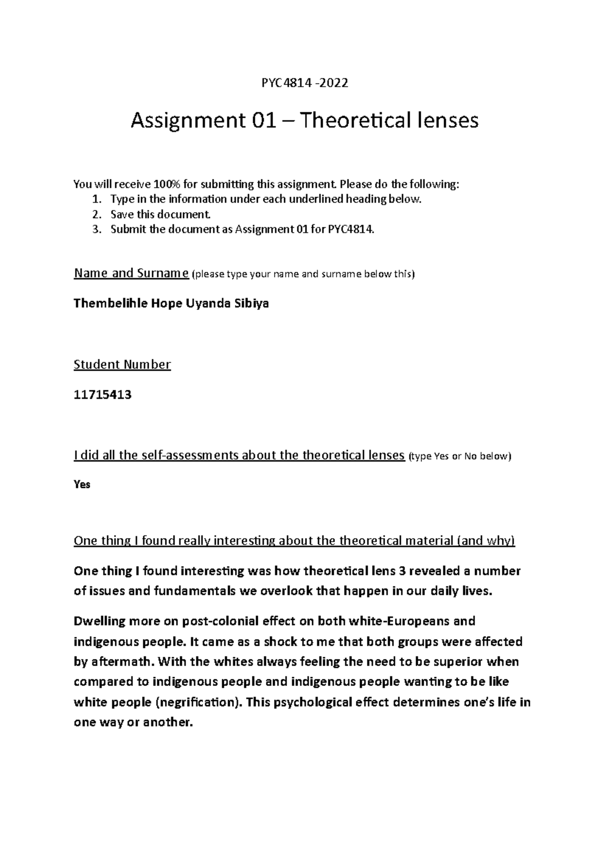 Assignment 1 PYC4814 - PYC4814 - Assignment 01 – Theoretical lenses You will receive 100% for ...