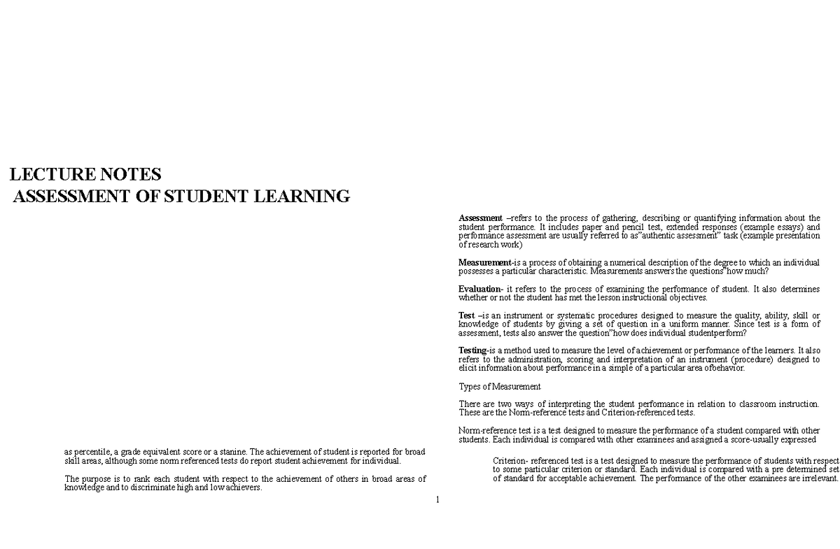 Lecture Notes - Assessment of Student Learning w drills no. 1 (100 ...