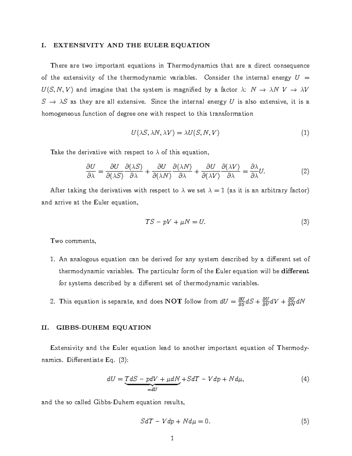 Gibbs Duhem - I. EXTENSIVITY AND THE EULER EQUATION There are two ...