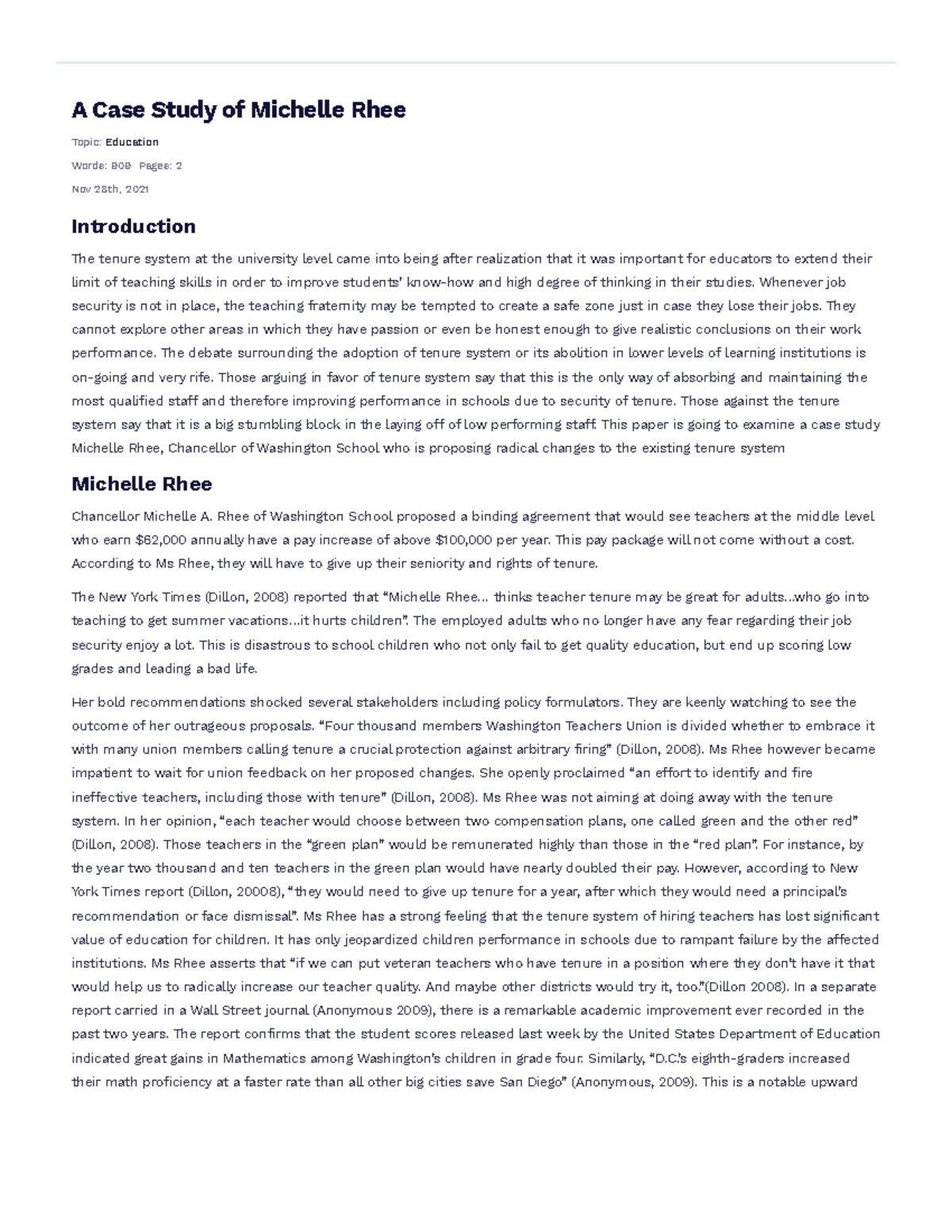 A Case Study of Michelle Rhee Free Essay Example - A Case Study of ...